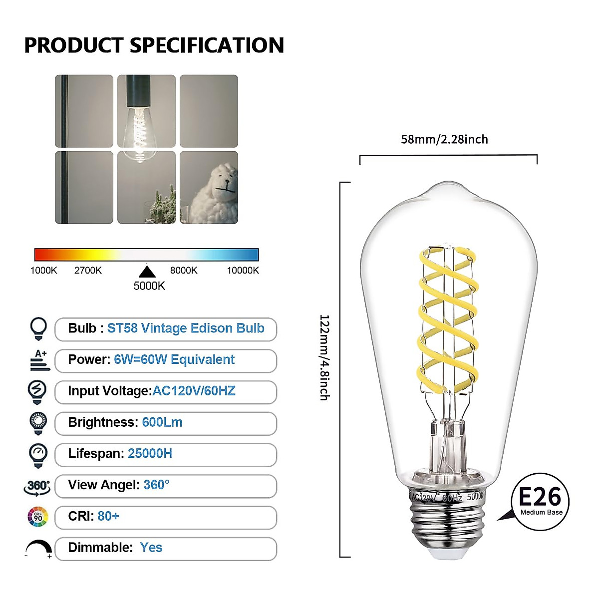 Dimmable LED Edison Bulbs,6W Equivalent to 60W Vintage Light Bulb, E26 5000K ST58/ST19 LED Bulbs, Antique Flexible Spiral LED Filament Light Bulbs, Clear Plastic Screw Lamp - 12Pack
