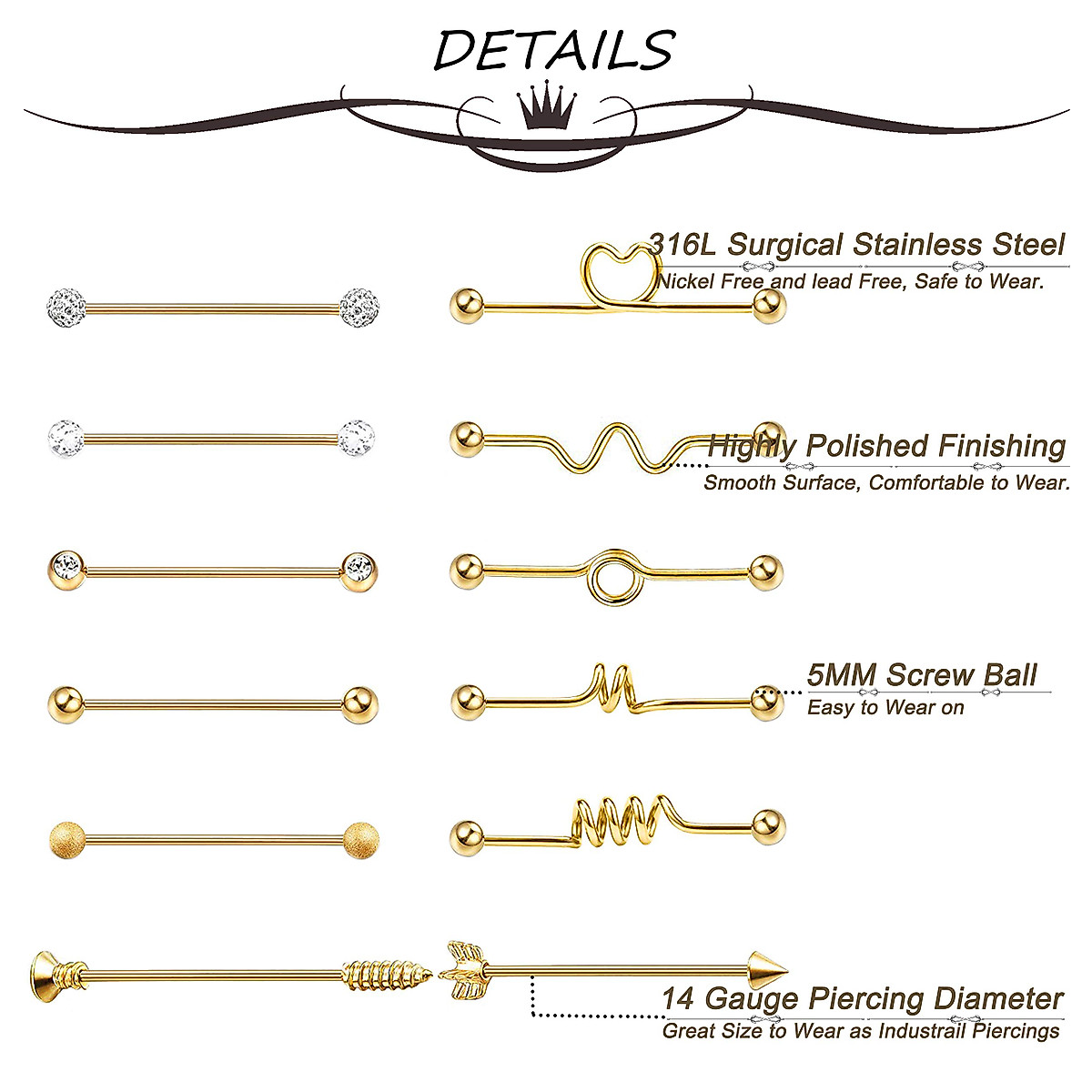 Masedy 12Pcs 14G 316L Stainless Steel Industrial Barbell Earrings for Women Men Cartilage Helix Piercing Gold