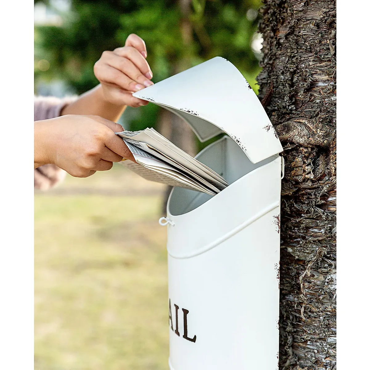 Rustic White Wall Mounted Mailbox Outdoor Metal Decorative Post Mail Box, Home Office Parcel Box with Drop Slot Secure Lock