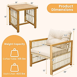 HAPPYGRILL 3 Pieces Patio Furniture Set, PE Wicker Conversation Set with Soft Seat & Back Cushions, Stable Acacia Wood Frame, Outdoor Sofa Set for Backyard, Porch, Poolside