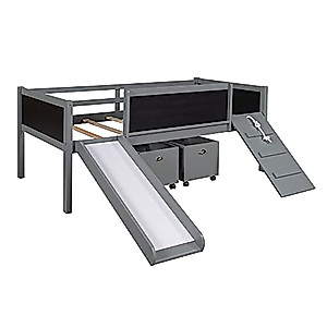 Low Loft Bed with Slide, Twin Loft Bed with Storage Boxes, Wood Twin Low Loft Bed Frame with Climbing Ladder and Chalk Board for Kids Boys Girls Teens, Grey