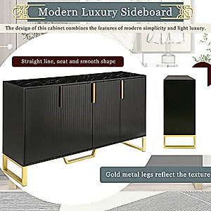 VilroCaz Modern 60'' Large Storage Cabinet Sideboard, Wooden Console Table Kitchen Buffet Cabinet with Metal Handles & Legs and Adjustable Shelves for Living Room Kitchen Entryway (Black-1)