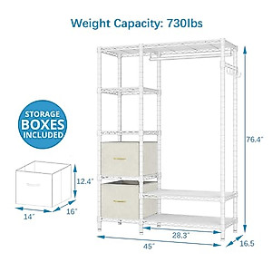 VIPEK V7 Wire Garment Rack 6 Tiers Heavy Duty Clothes Rack with 2 Fabric Drawers, Freestanding Wardrobe Closet Metal Clothing Rack for Hanging Clothes, 44.9"L x 16.5"W x 76.4"H, Max Load 730LBS, White