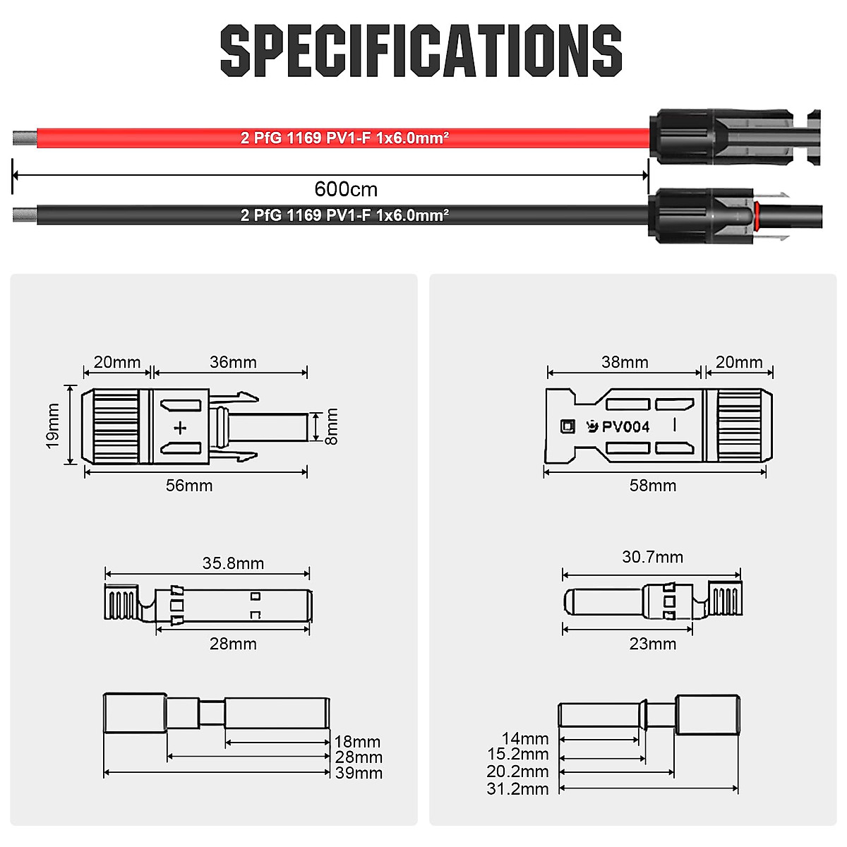 ECO-WORTHY 20FT 10AWG Solar Panel Extension Cable with Female and Male Connector for Solar Panels, Solar Controllers (20FT Red + 20FT Black)