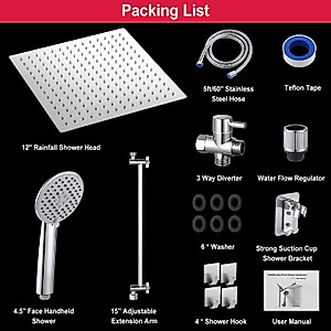 Shower Head, NERDON 12'' High Pressure Rainfall Shower Head Handheld Combo 5 Settings with 15'' Brass Height/Angle Adjustable Extension Arm 60" Hose, Stainless Steel Bath Rain Showerhead with 4 Hooks