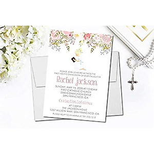 Pink Floral First Holy Communion Invitations For Girls