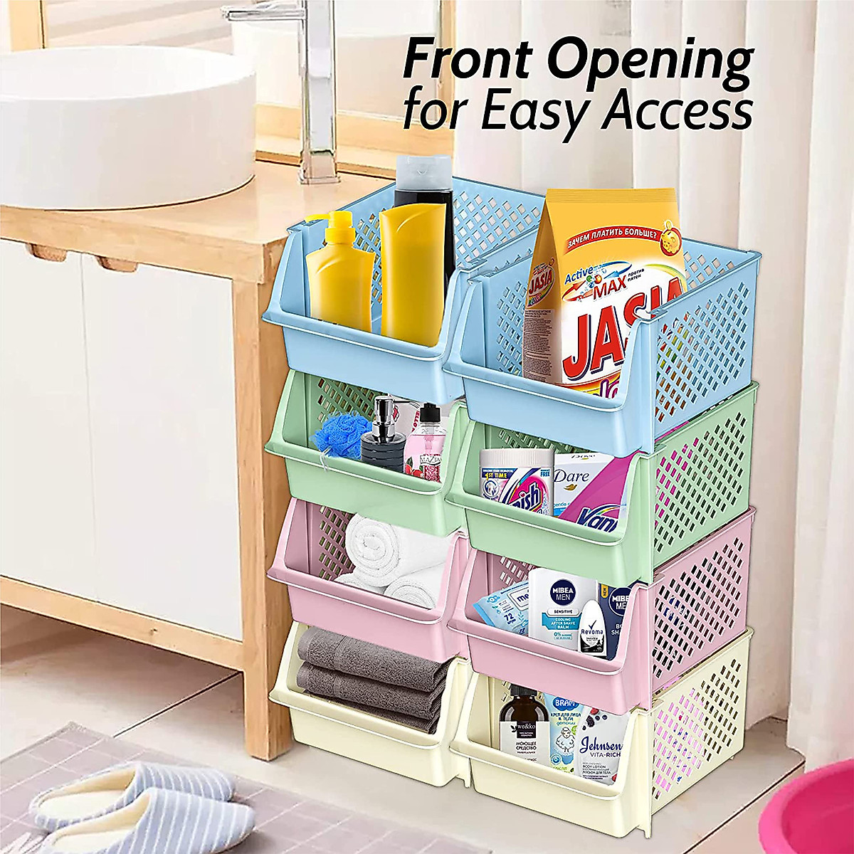 Skywin Stackable Storage Bins for Pantry - 8 Pack Stackable Bins For Organizing Food, Kitchen, and Bathroom Essentials (Multi)