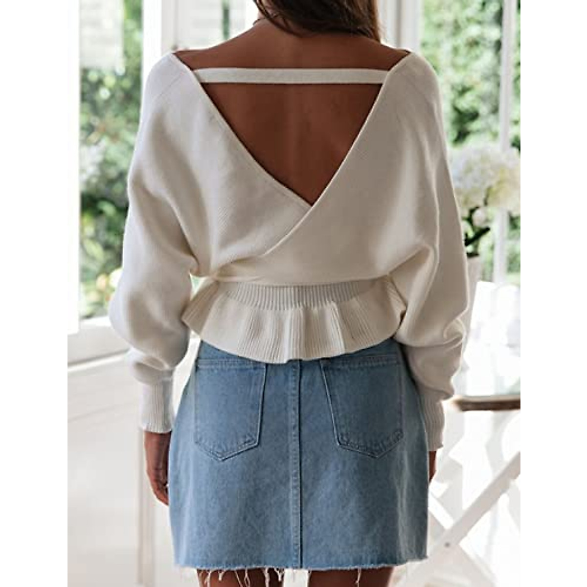 ZESICA Women's 2023 Fall Wrap V Neck Long Batwing Sleeve Belted Waist Ruffle Knitted Sweater Pullover Top,Apricot,Medium