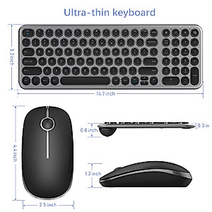 Wireless Keyboard and Mouse Combo, 2.4G Retro Computer Keyboard Mouse with Round Keys, Slim Quiet Keyboard Mouse with 2 in 1 Nano USB Receiver for for Windows, Laptop, PC, Notebook-Black Grey