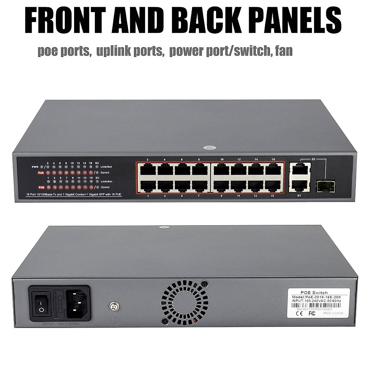 Ethernet PoE Switch with 2 Gigabit RJ45 Uplink and 1 SFP Port,16 10/100M PoE Ports Network-Switches Unmanaged 250W IEEE 802.3af Compliant