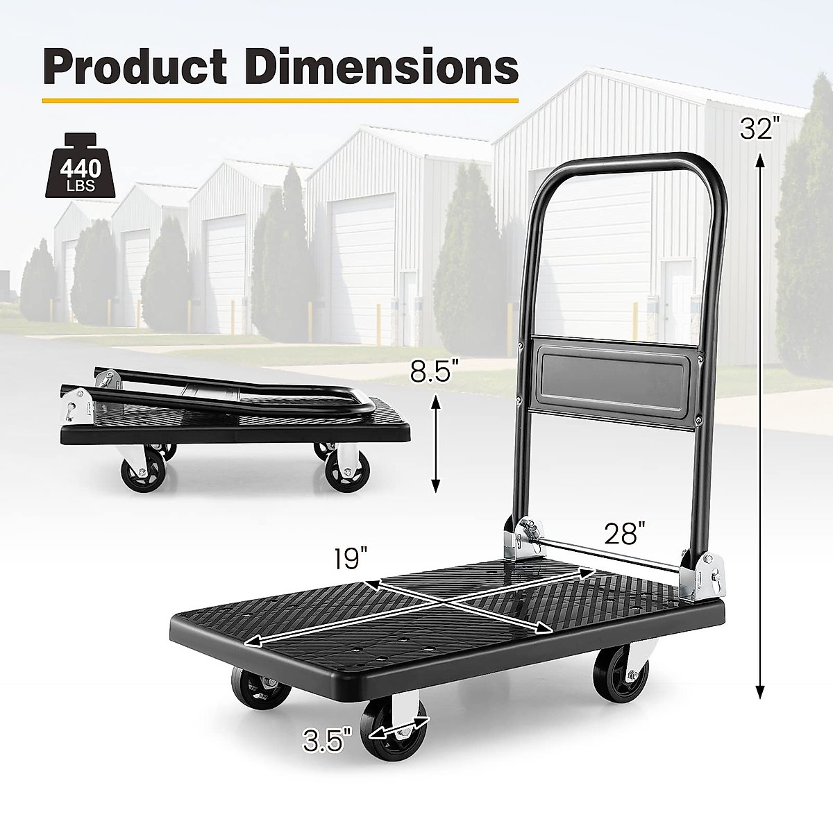 Goplus Folding Push Cart Dolly, Moving Platform Hand Truck w/ 360° Swivel Wheels, Spacious & Non-Slip Loading Area, Rolling Flatbed Cart for Loading & Storage, 440 LBS Max Load (28" x 19")