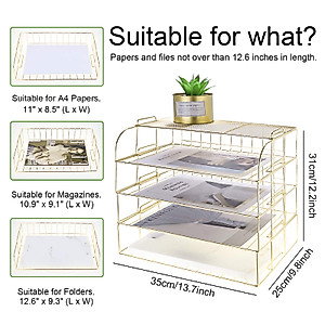 LEORISO 4-Tier Stackable Letter Tray, Gold Desk Organizer, Metal File Organizer Tray, Paper Holder Rack, Desk Accessories for School Home Office Supplies