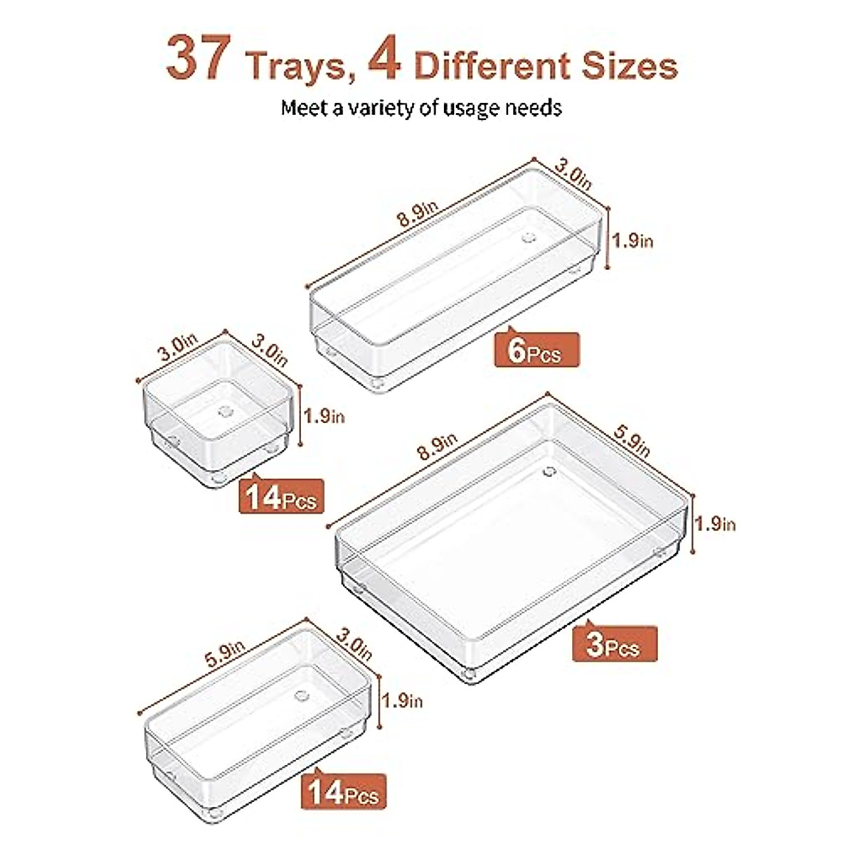 SMARTAKE 37-Piece Drawer Organizer with Non-Slip Silicone Pads, 4-Size Desk Drawer Organizer Trays Storage Tray for Makeup, Jewelries, Utensils in Bedroom Dresser, Office and Kitchen (Clear)