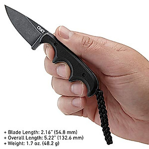 COLUMBIA RIVER KNIFE & TOOL Compact Fixed Blade Knife: Minimalist Black Drop Point Neck Knife, Folts Utility Knife with Stonewashed Blade, G10 Handle and Nylon Sheath 2384K
