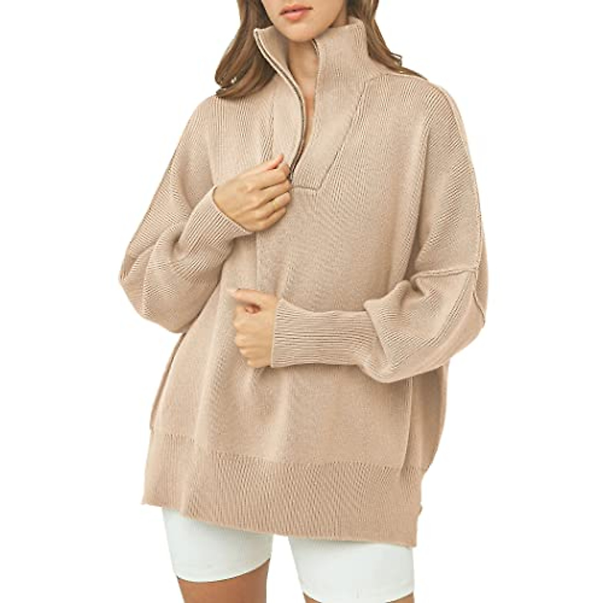 PRETTYGARDEN Women's 2023 Fall Pullover Oversized Sweaters Casual Long Sleeve Zip Up Collared Winter Tops Blouse (Apricot,Small)