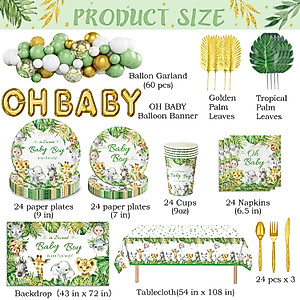 244PCS Jungle Safari Baby Shower Decorations include Plates, Cups, Napkins, Cutlery, Backdrop, Tablecloth, Palm Leaves, Balloon Garland Kit for Animal Themed Baby Boy Shower Decorations, Serves 24