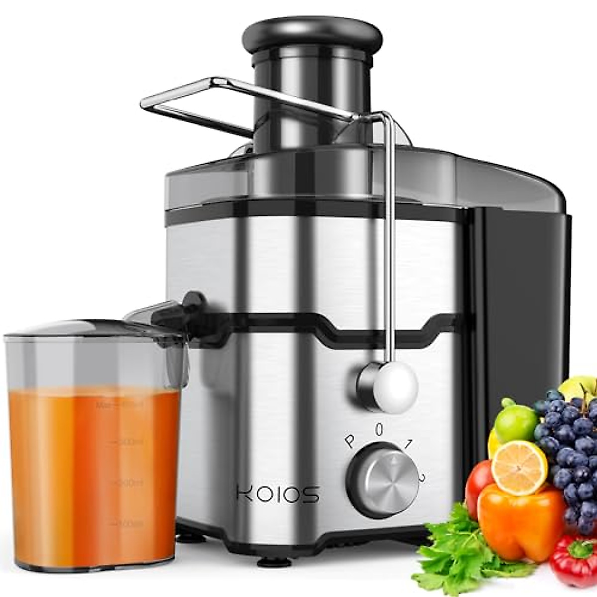 Juicer Machines, KOIOS 600W Centrifugal Juicer Extractor with 3 Speeds, 2.5'' Feed Chute for Fruit and Vegetable, 304 Stainless Steel,Easy to Clean,Anti-drip,BPA Free, Included Brush,Black