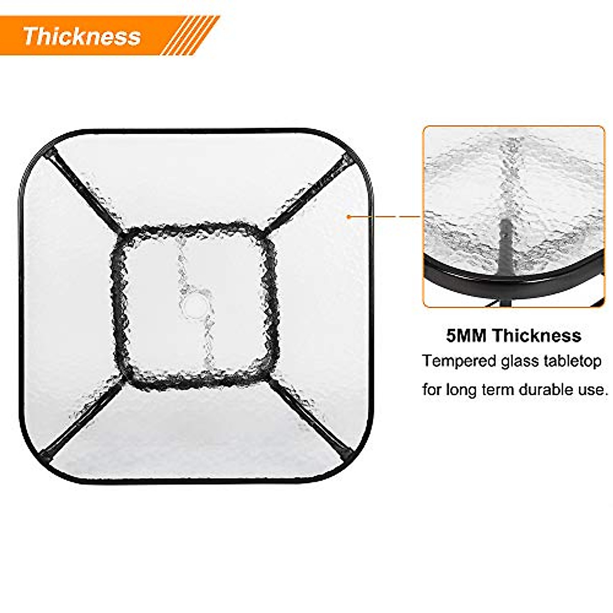 VINGLI Glass Patio Table with Umbrella Hole, 32" Square Outdoor Dining Table Steel Tempered Glass Patio Table Outdoor Table for Balcony Garden Deck