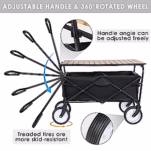 Arlopu Collapsible Wagon with Folding Table, Heavy Duty Portable Garden Cart w/Aluminum Alloy Table Combo, Outdoor Utility Camping Cart w/Metal Board Desktop for Shopping, Picnic, 150 LBS, Balck