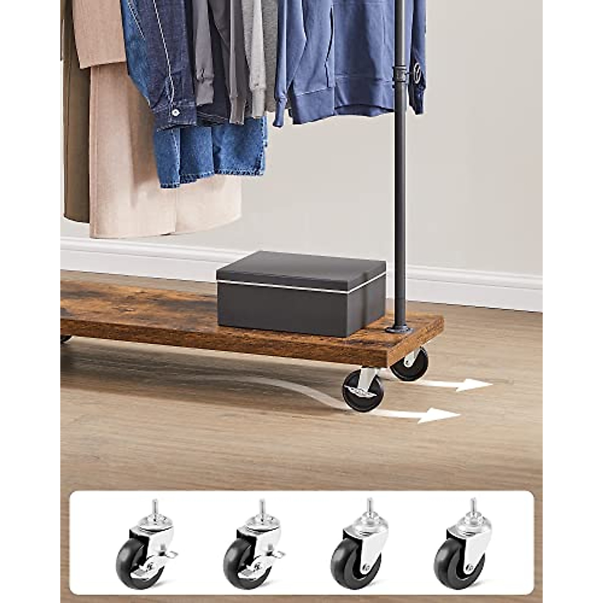 VASAGLE Clothes Rail for Bedroom, Heavy-Duty Clothes Rack, Industrial Pipe Rolling Garment Rack with Shelf, Top Rail Max. Load 90 kg, Laundry Room, Retail Store, Rustic Brown and Black HSR65BXV1