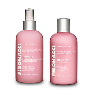 NEW Fibonacci Beauty Natural Human Hair Wig Shampoo & Conditioner Combo Pack - Premium Wig Care Solution, Soak & Rinse/Spray & Go - Revitalizes, Moisturizes, Detangles, & Removes Residues 8 ounce