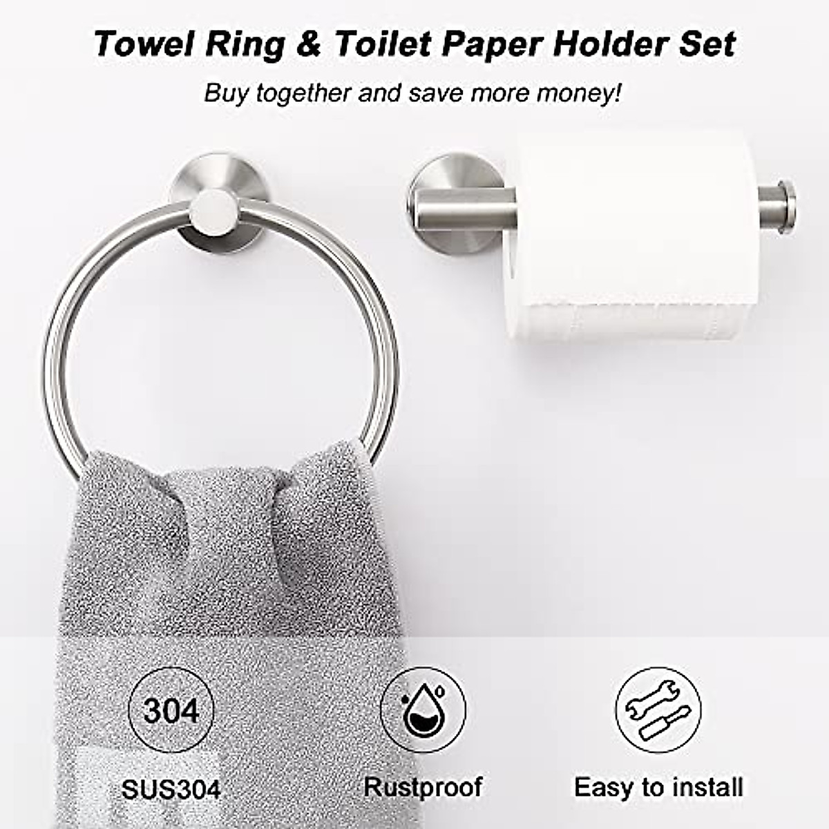 NearMoon 2 Pieces Bathroom Hardware Accessories, Towel Ring and Toilet Paper Holder- Stainless Steel Bathroom Towel Hanger and Hand Towel Holder, Wall Mounted (Brushed Nickel)