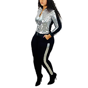 SIAEAMRG Women 2 Piece Glitter Sequin Outfits Tracksuit, Long Sleeve Jacket Tops Bodycon Long Pants Sparkle Sweatsuit Club Wear (Silver, L)