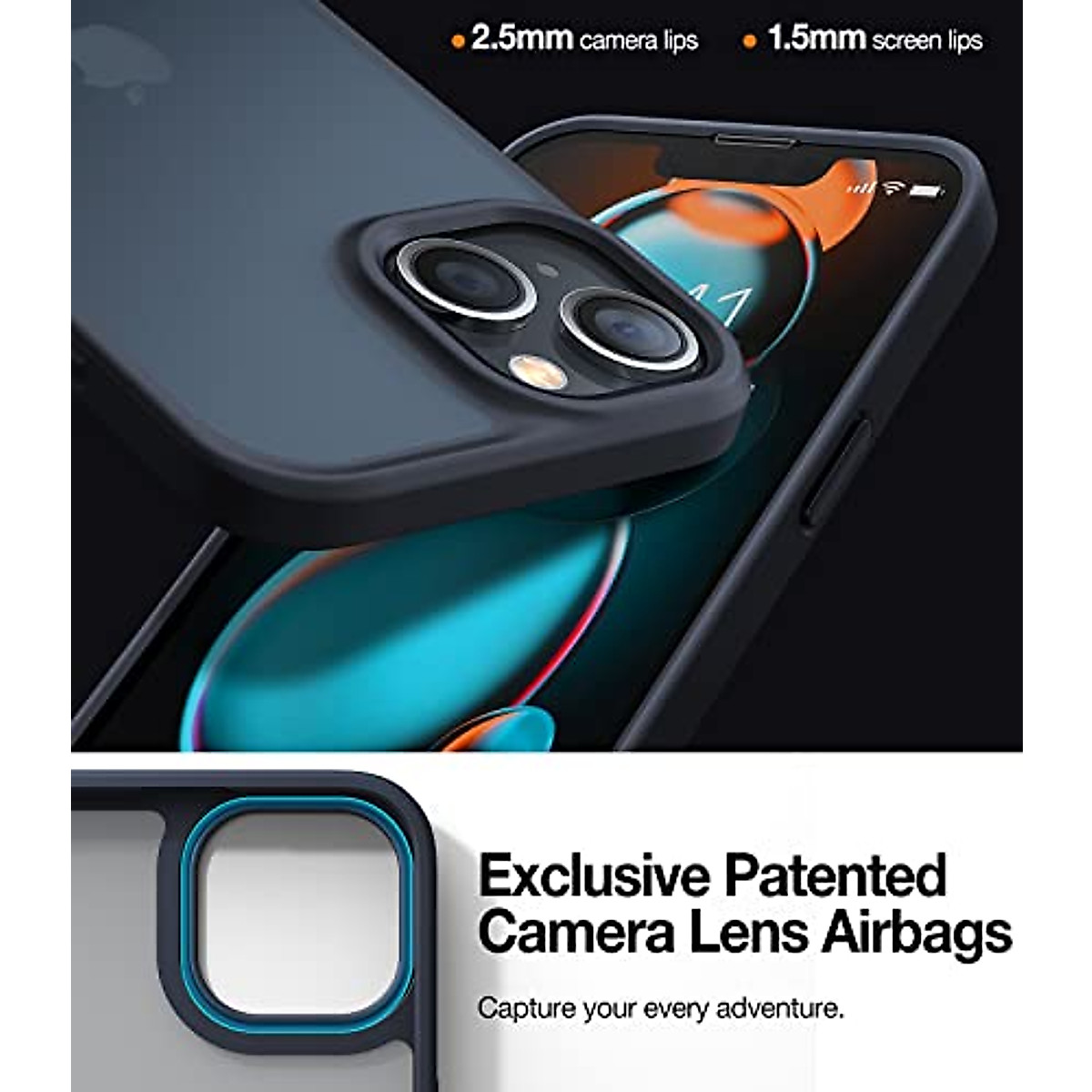 TORRAS Shockproof Designed for iPhone 14 Plus Case [Military Grade Drop Tested] Shockproof Protective Black Hard Back Slim Translucent Case for iPhone 14 Plus 6.7 Inch, Frosted Black-Guardian Series