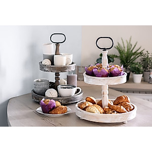 BonzaiKit Two Tier Wood Tray with Wooden Beads - Farmhouse Rustic 2 Tiered Serving Stand for Kitchen & Home Decor - Cupcake Stand with Metal Holder