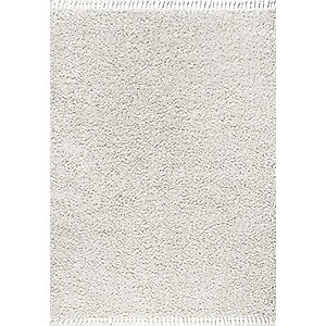 JONATHAN Y MCR100A-5 Mercer Shag Plush Tassel Indoor Area-Rug Bohemian Modern Contemporary Solid Easy-Cleaning Bedroom Kitchen Living Room, 5 X 8, White with Tassel