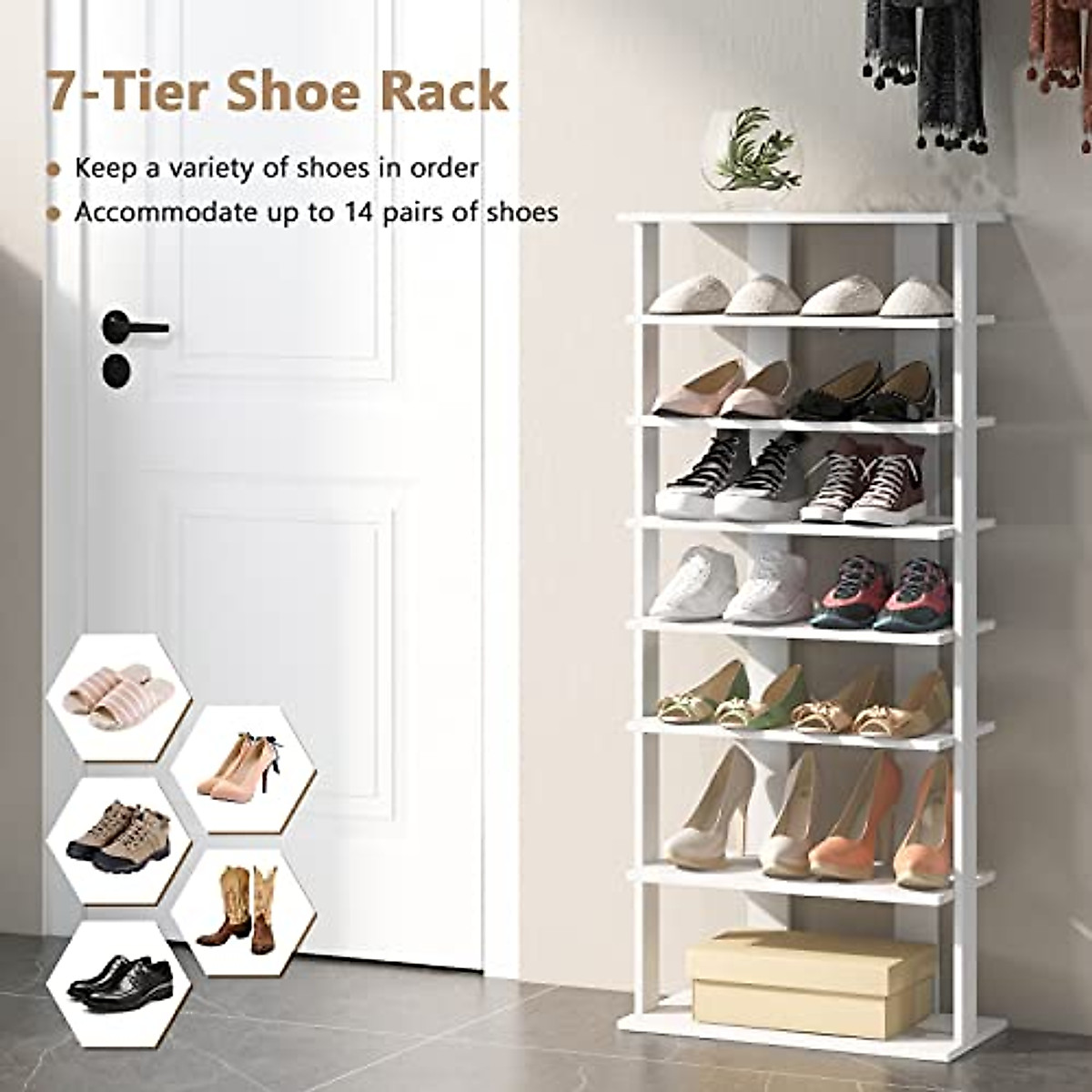 Giantex 7-Tier Wooden Shoe Rack, Patented Double Row Shoe Organizer for 14 Pairs, Customizable Height, Space-saving Shoe Storage Stand for Entryway, Hallway, Living Room, Bedroom (White, Double)