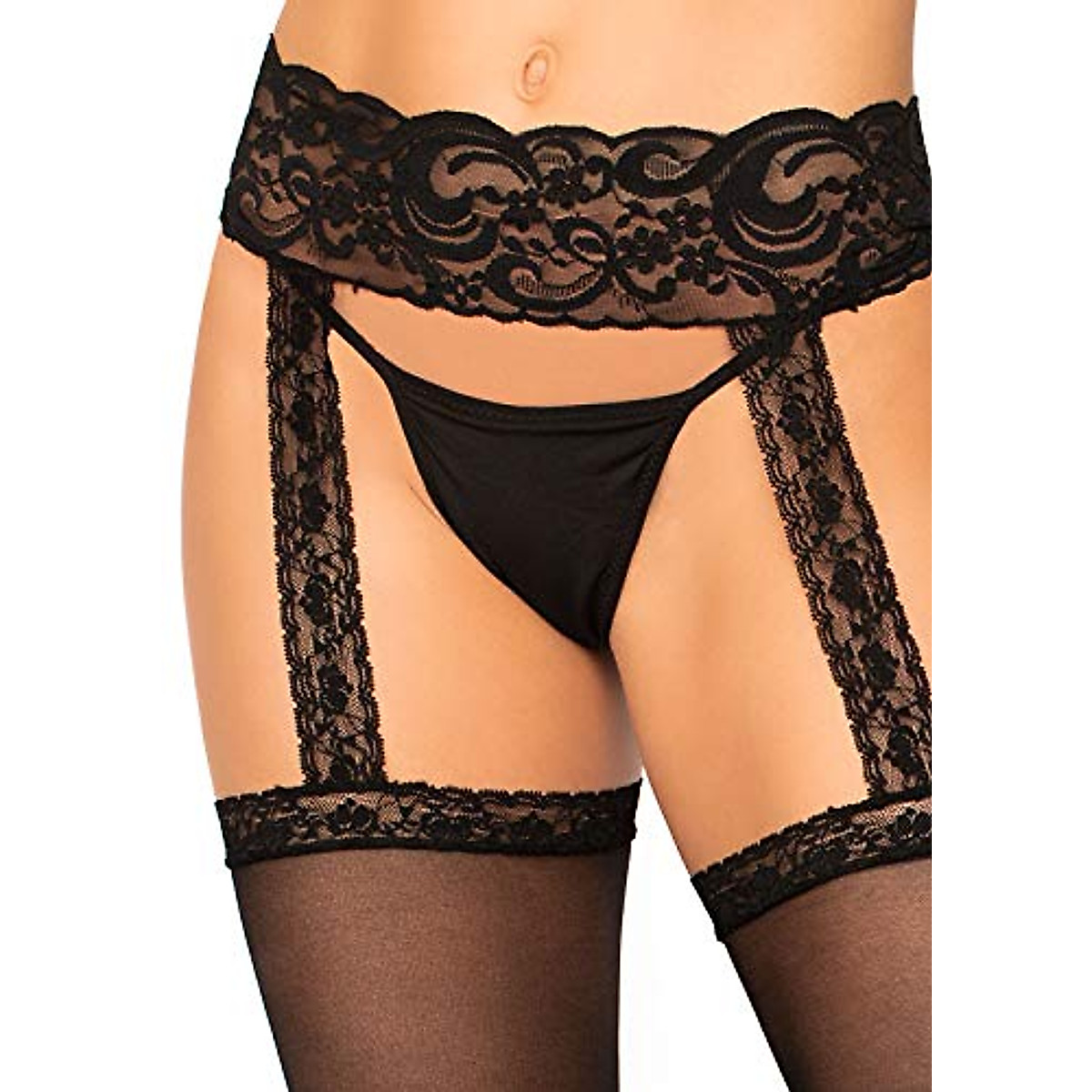 Leg Avenue womens Sheer Stockings With Attached Garter Belt Hosiery, Black Lace, Queen US
