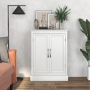 Tangkula Bathroom Storage Cabinet, Freestanding Floor Cabinet with Double Doors and 2 Adjustable Shelves, Anti-toppling Device, Modern Wood Storage for Bathroom Living Room Entryway (White)
