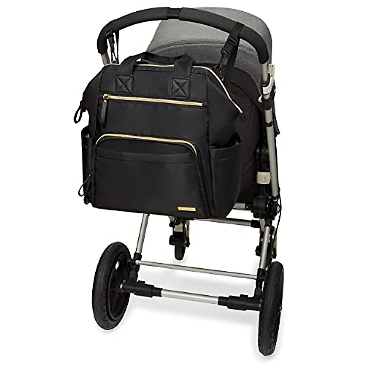Skip Hop Diaper Bag Backpack: Mainframe Large Capacity Wide Open Structure with Changing Pad & Stroller Attachement, Black with Gold Trim