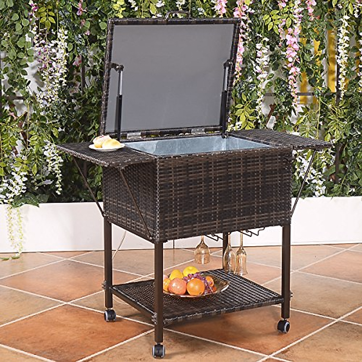 Nightcore 108 Quart Rattan Beverage Cooler Cart, Rolling Cooler with Shelf & Hanger, Ice Chest on Wheels, Portable Patio Backyard Cooler Trolley, Wicker Cooler Cart for Yard, Garden, Party
