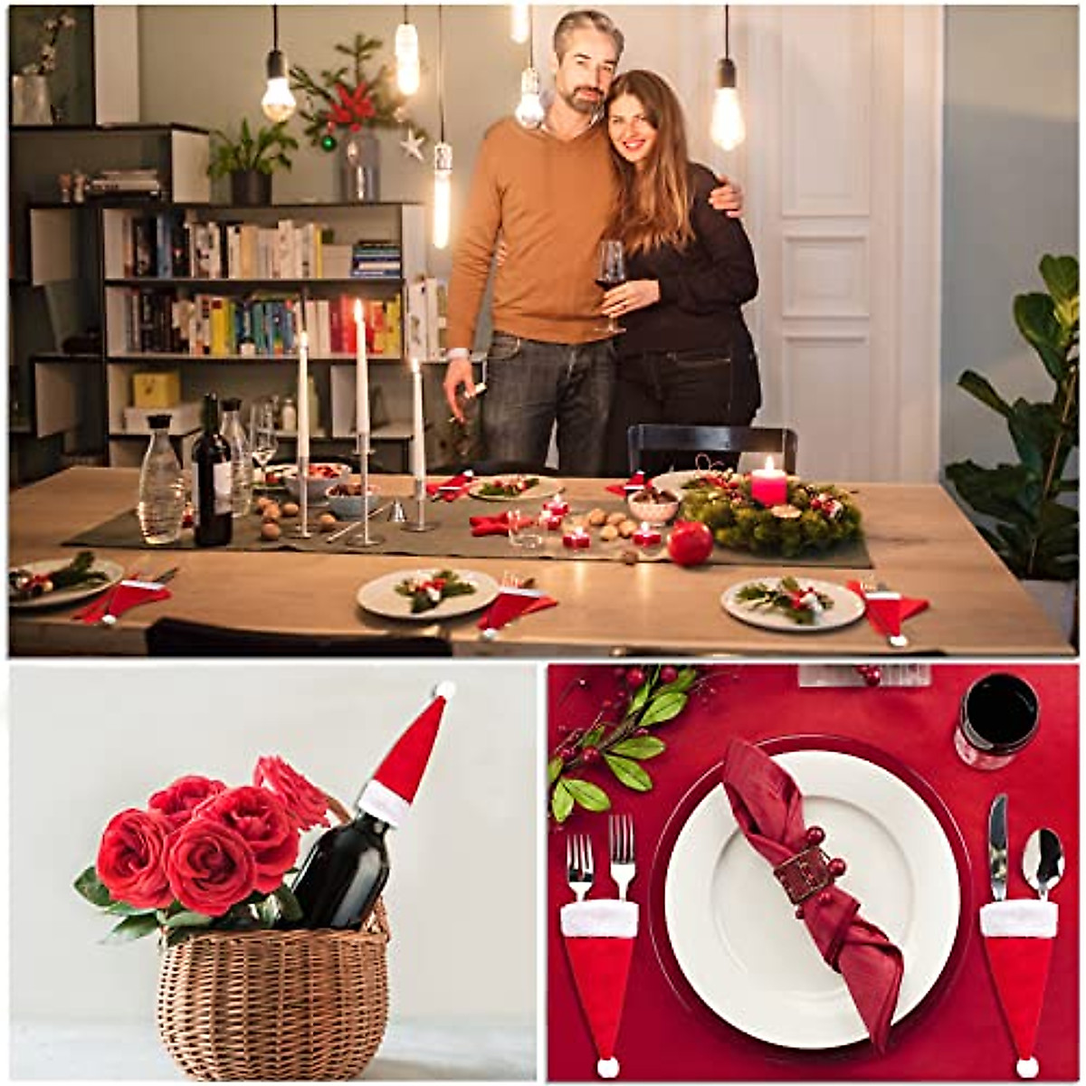 QIUFSSE 30 Pieces Christmas Santa Hat Silverware Holder for Party Christmas Table Decorations Sets Christmas Party Dinner Table Decorations Supplies Flatware Holders Decor