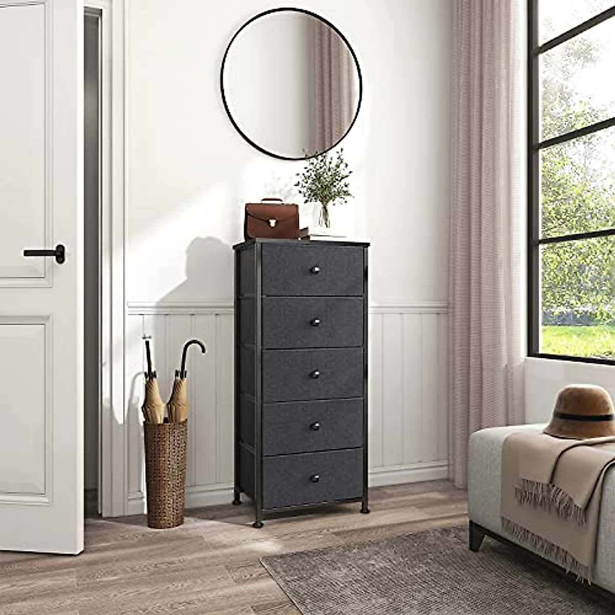 REAHOME 5 Drawer Dresser for Bedroom Storage Tower Closet Organizer Vertical Chest Sturdy Steel Frame Tall Dresser Wooden Top Removable Fabric Bins Office Organization(Black Grey) YLZ5B1