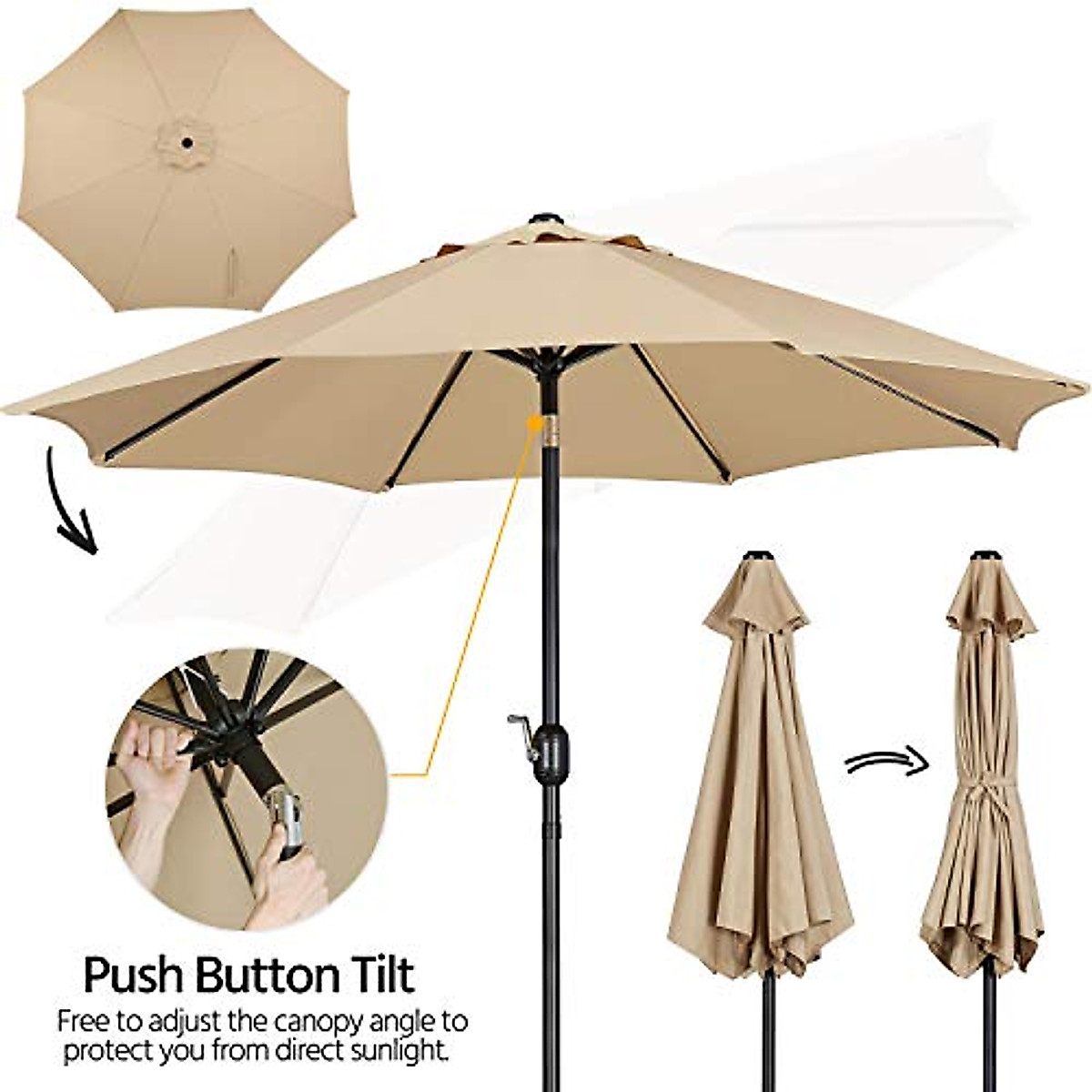 Yaheetech 9FT Garden Table Umbrella with 30lb Base, Patio Market Umbrella with Push Button Tilt, Crank and 8 Sturdy Ribs, Outdoor Umbrella w/Base Included Heavy Duty - Tan