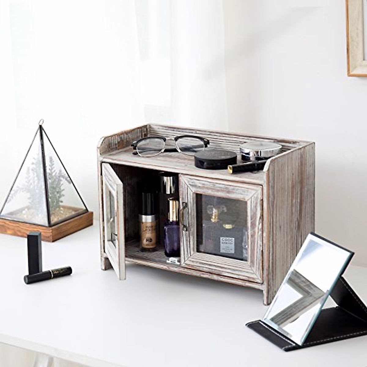 MyGift Solid Torched Wood Countertop Storage Cabinet with 2 Glass Window Doors, Multipurpose Mini Organizer Cupboard for Kitchen or Bathroom