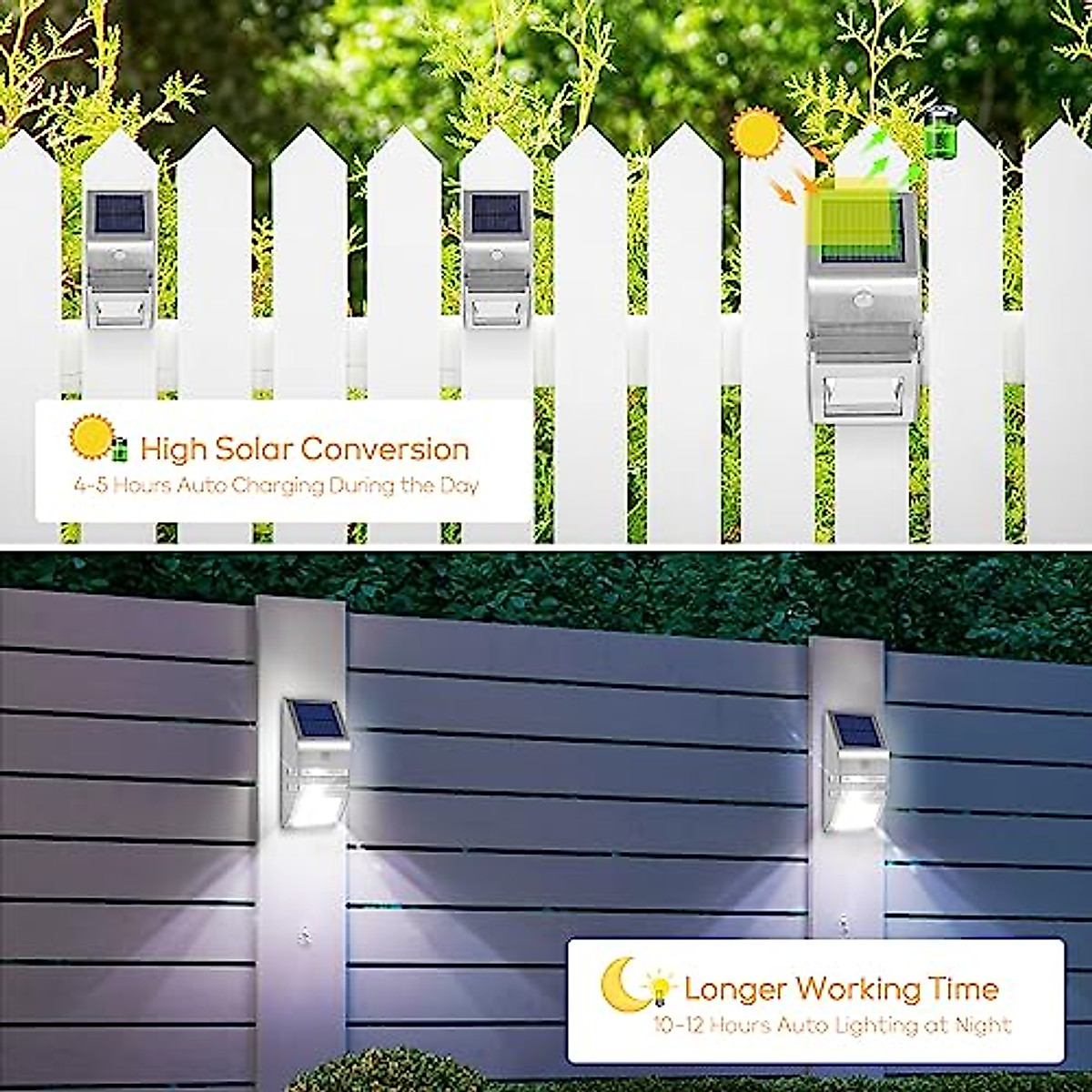 NEWNEN 4 Pack Fence Solar Lights, Stainless Steel Metal Solar Deck Lights Fence Lights, Motion Sensor Solar Outdoor Lights Waterproof for Fence Deck Yard Patio Garage Garden, Cool White