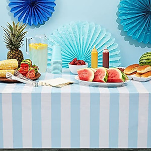 3 Pack Light Blue and White Striped Tablecloth, Disposable Table Cover for Summer Beach Theme Party Decorations (54 x 108 in)