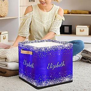 RIRIX Personalized Storage Bin, Custom Storage Baskets for Organizing with Handles, Foldable Storage Box for Closet Cloth Baskes Toy Silver Glitter Blue