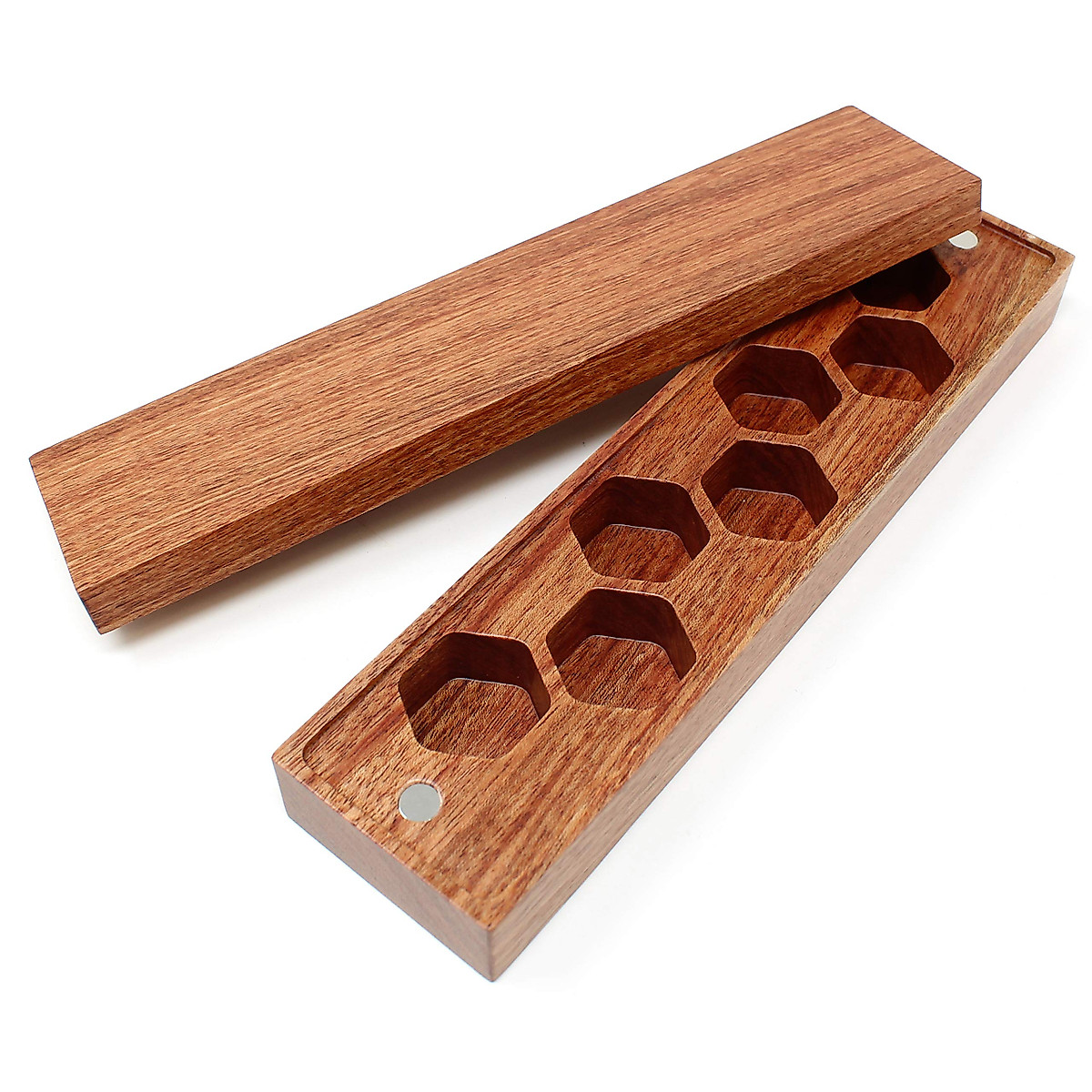 Hexagonal Wood Dice Storage Case with Magnetic Lid - Box Holds Polyhedral 7 Die Set for DND, D&D, RPG - Rosewood