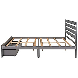 DUNTRKDU Queen Size Pine Platform Bed Frame with 2 Storage Drawer, Modern Classic Platform Bed with Headboard/Wood Slats Support/Easy Assemble for Bedroom Apartment Girls Boys Teens (Gray, Queen)