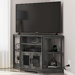 YITAHOME Corner TV Stand for TVs up to 55 Inch with Power Outlet, Modern Farmhouse Entertainment Center, Wood TV Media Console with Storage Cabinets Shelves for Living Room Bedroom, Gray Oak