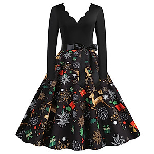 Christmas Dresses for Women Funny Christmas Dress for Women 1950s Vintage Long Sleeve V Neck Xmas Santa Claus Printed Plus Size Prom Dresses with Belt