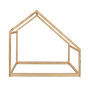 Full Size Wood House Bed, Wooden Bedframe with Roof for Kids, Teens, Boys or Girls Bedroom Furniture, Full Floor Bed Frame Box Spring Needed (Natural)