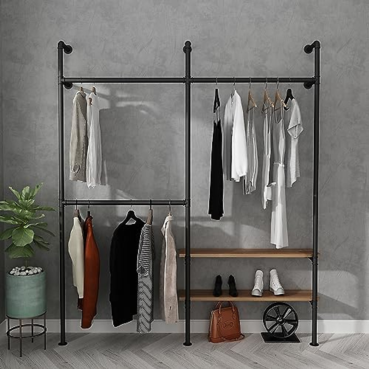 LANJIN Industrial Pipe Clothing Rack,Clothes Rack for Wardrobe, Bedroom and As Walk-in Closet System.Sturdy Clothing Racks for Hanging Clothes,Wall Mounted Heavy Duty Clothes Rack,Black D