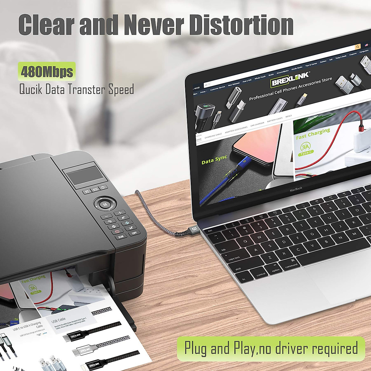 BrexLink USB 2.0 Printer Cable10ft, A-Male to B-Male Printer Cord, Durable Nylon Braided High Speed Scanner Fax Cord Compatible with HP, Canon, Dell, Epson, Lexmark, Xerox, Samsung (Grey)