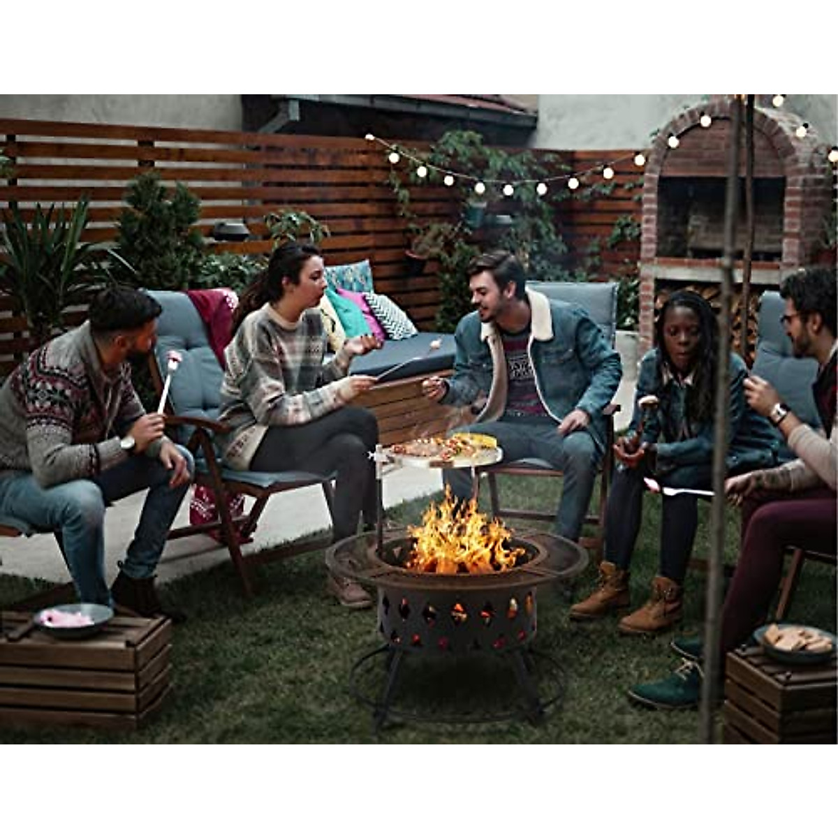 Garden Fire Pit Outdoor 32" Wood Burning Outdoor Party BBQ Fire Pit Backyard with 18.5In Cooking Grill Outdoor Portable Fire Bowl Metal Firepit